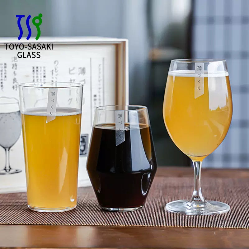 Toyo Sasaki Japanese Premium Craft Beer Glass Trio Set with Wooden Gif