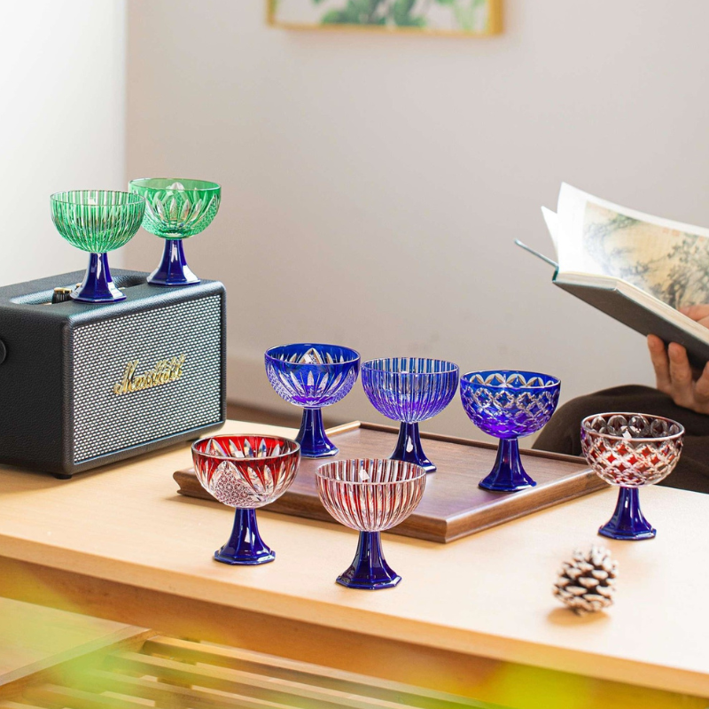 Edo Kiriko Handcrafted Takadai Komon Grand Sake Glass Collection - MASU