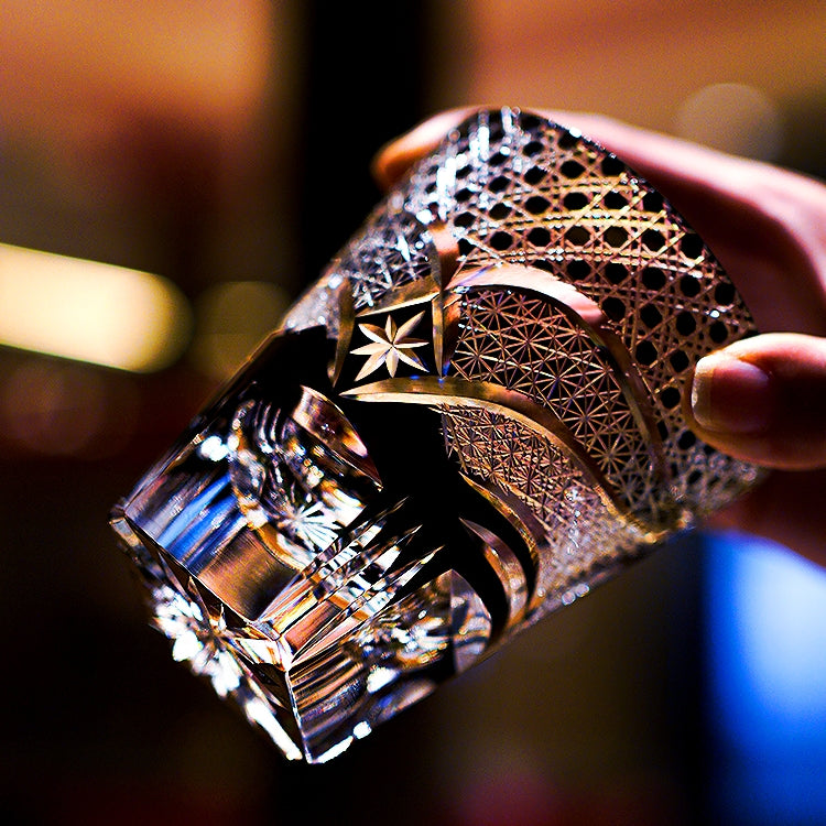 Edo Kiriko Handcrafted Club Crest Whiskey Glass With Wooden Box - MASU