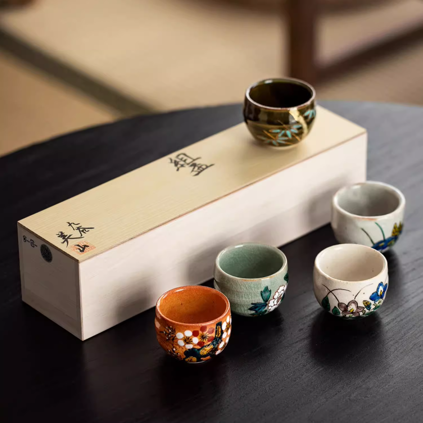 Kutaniyaki Handcrafted Goh-Souka Tea Cup Set of Five with Wooden Box - MASU