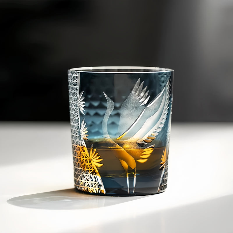 Edo Kiriko Handcrafted Soaring Crane Whisky Glass With Wooden Box - MASU