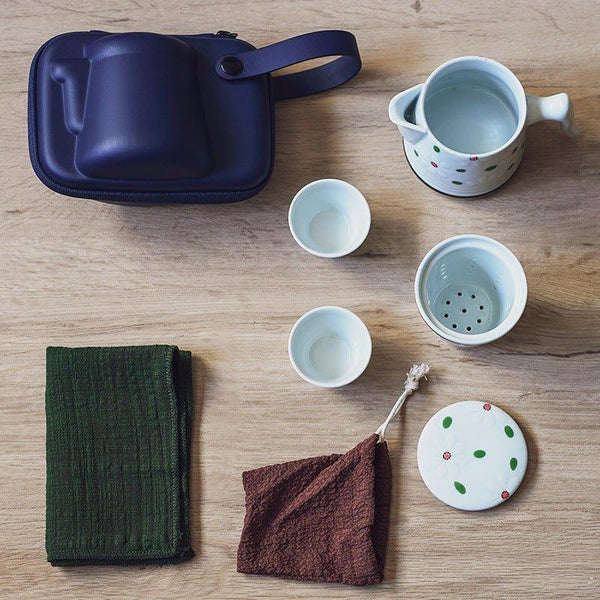 Japanese Ceramic Flower Tea Pot Sets With Carrying Case - MASU