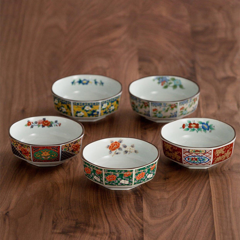Japanese Mino Ware Court Dyed Brocade Octagonal Bowls Set Masu